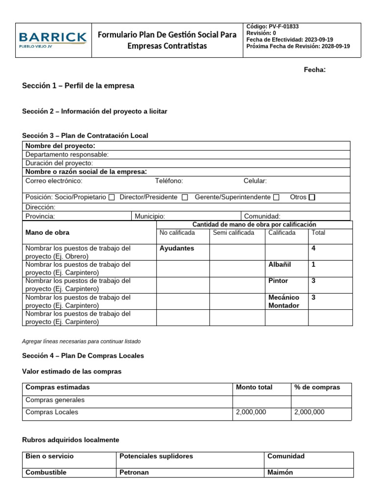 PV-F-01833 Formulario Plan de Gestión Social para Empresas Contratistas | PDF