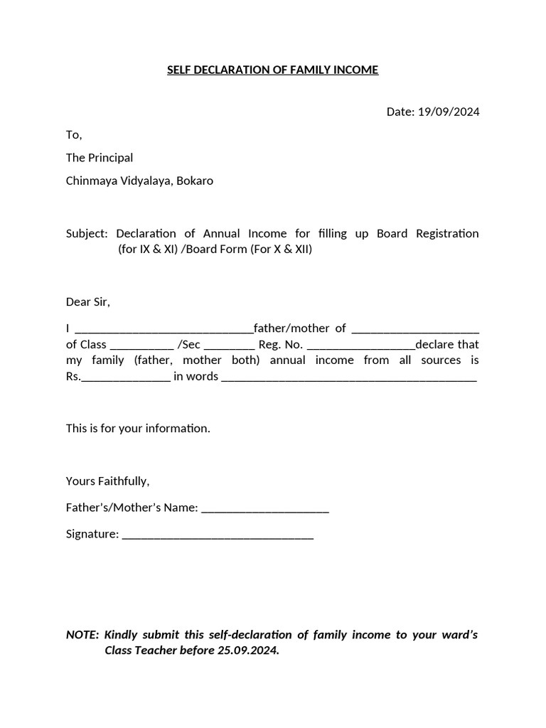 Self Declaration of Family Income | PDF