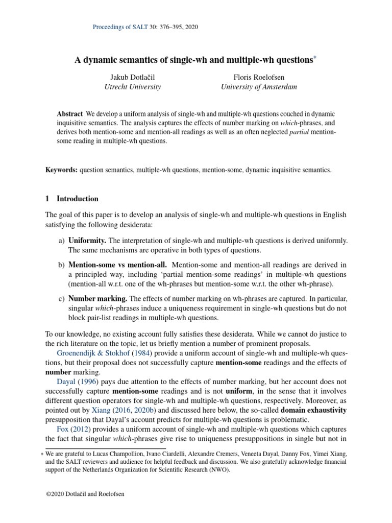 A Dynamic Semantics of Single-Wh and Multiple-Wh Questions | PDF