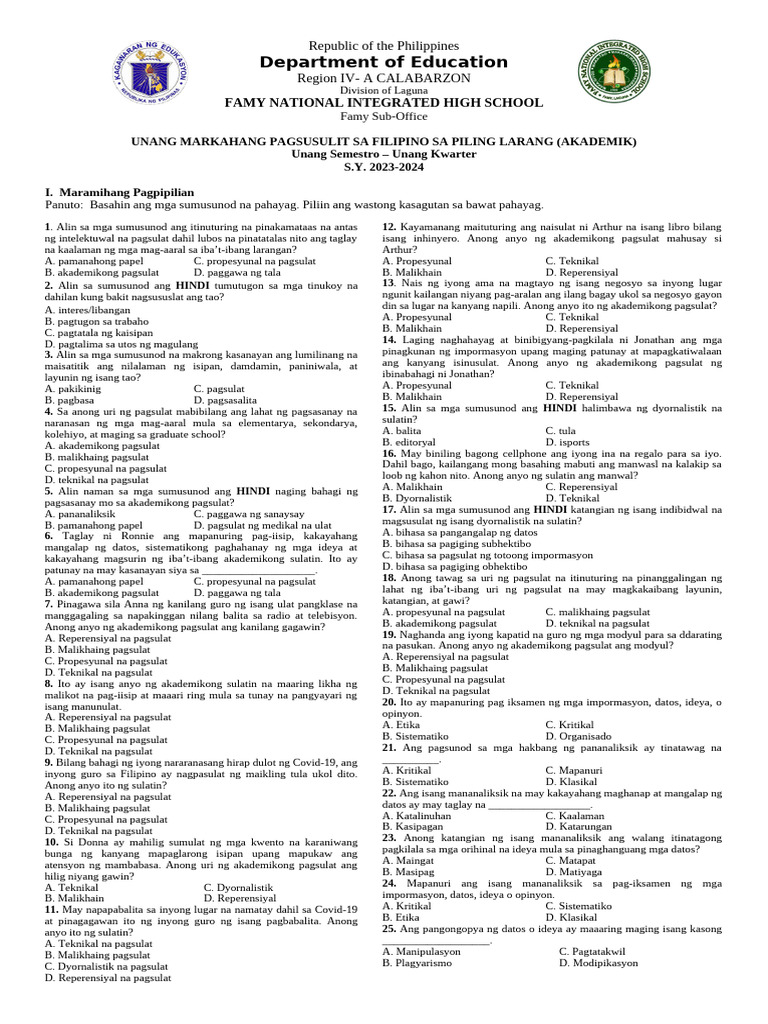 FPL (Akademik) - 1QEXAM (2023-2024) | PDF