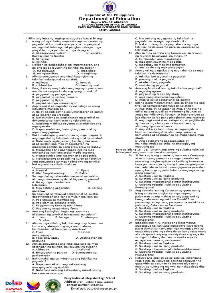 First Periodical Examination 2023-2024 - FPL | PDF