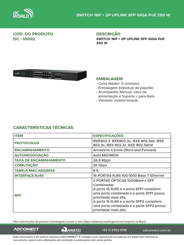DC - 10002-Switch-16p-2p-Uplink-Giga-Poe-Datasheet | PDF