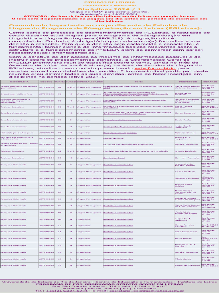 PPG Letras - Horário Estudos de Língua | PDF | Linguística | Gramática