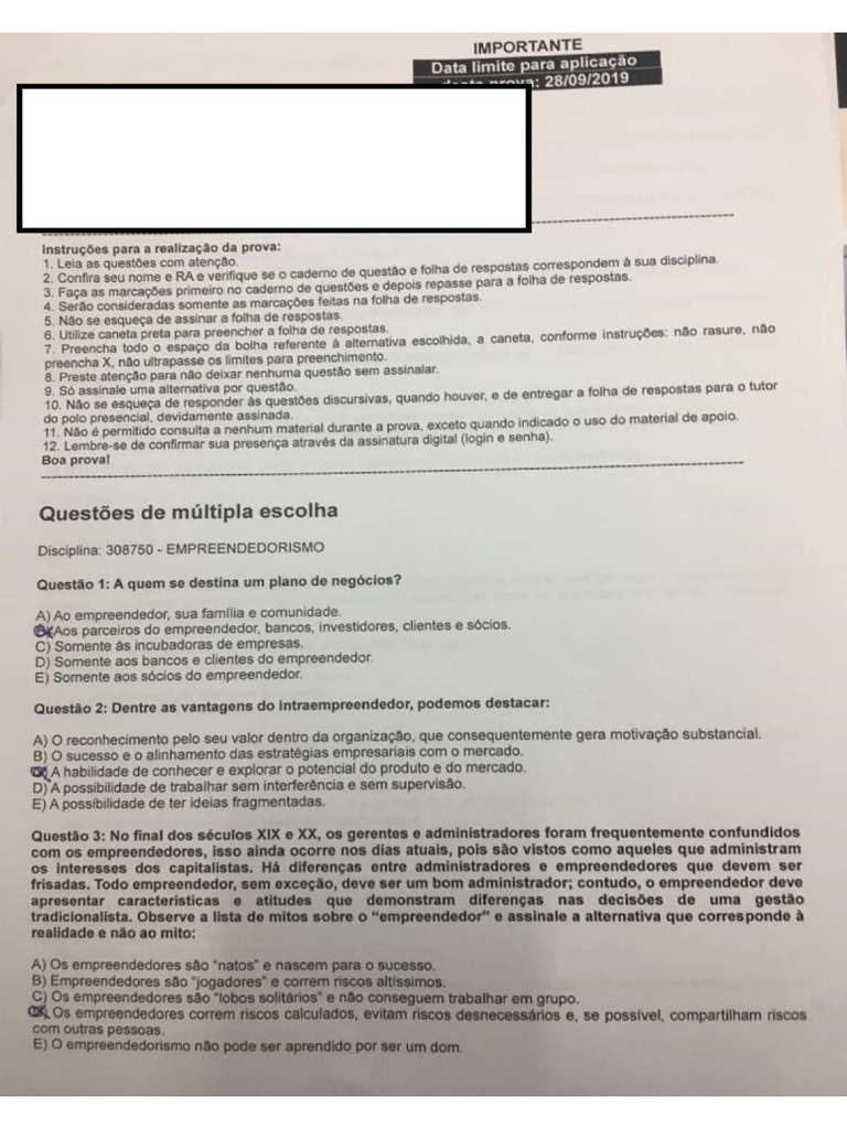 PROVA EMPREENDEDORISMO - ADS - UNIP | PDF