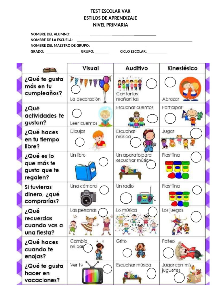 TEST ESCOLAR VAK (infantil) | PDF