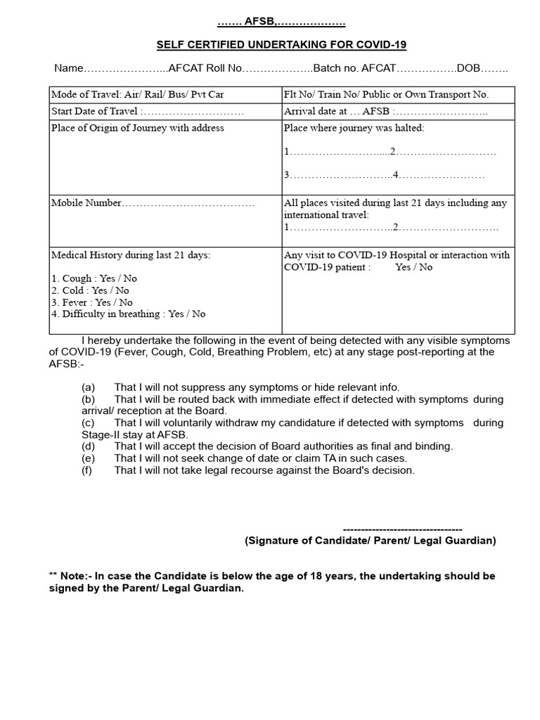 Covid Undertaking for Ssb | PDF