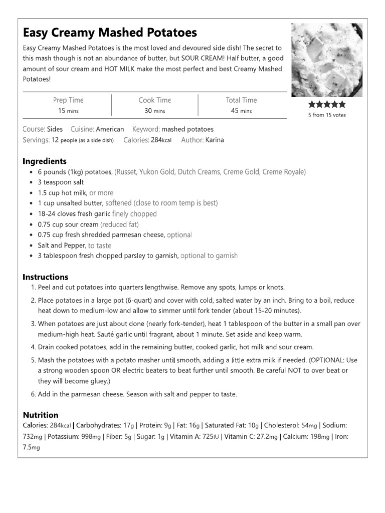 Easy Mashed Potatoes Recipe | PDF