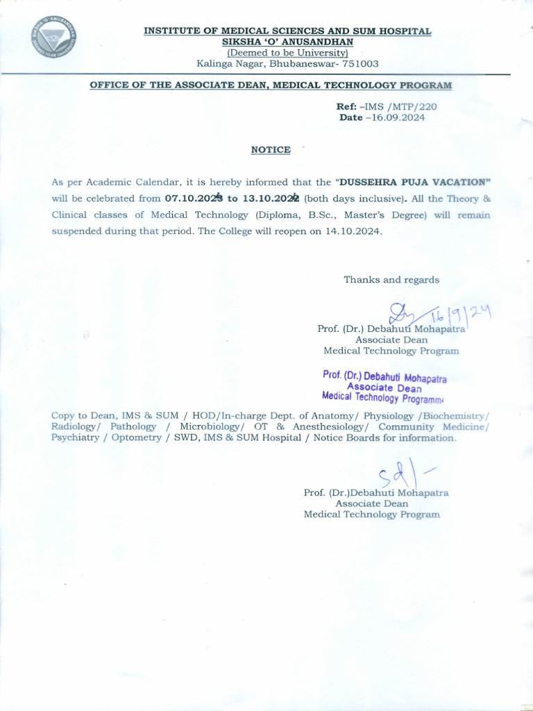 Notice No. IMS MTP 220 Dt. 16.09.2024 (DUSSEHRA PUJA VACATION) | PDF