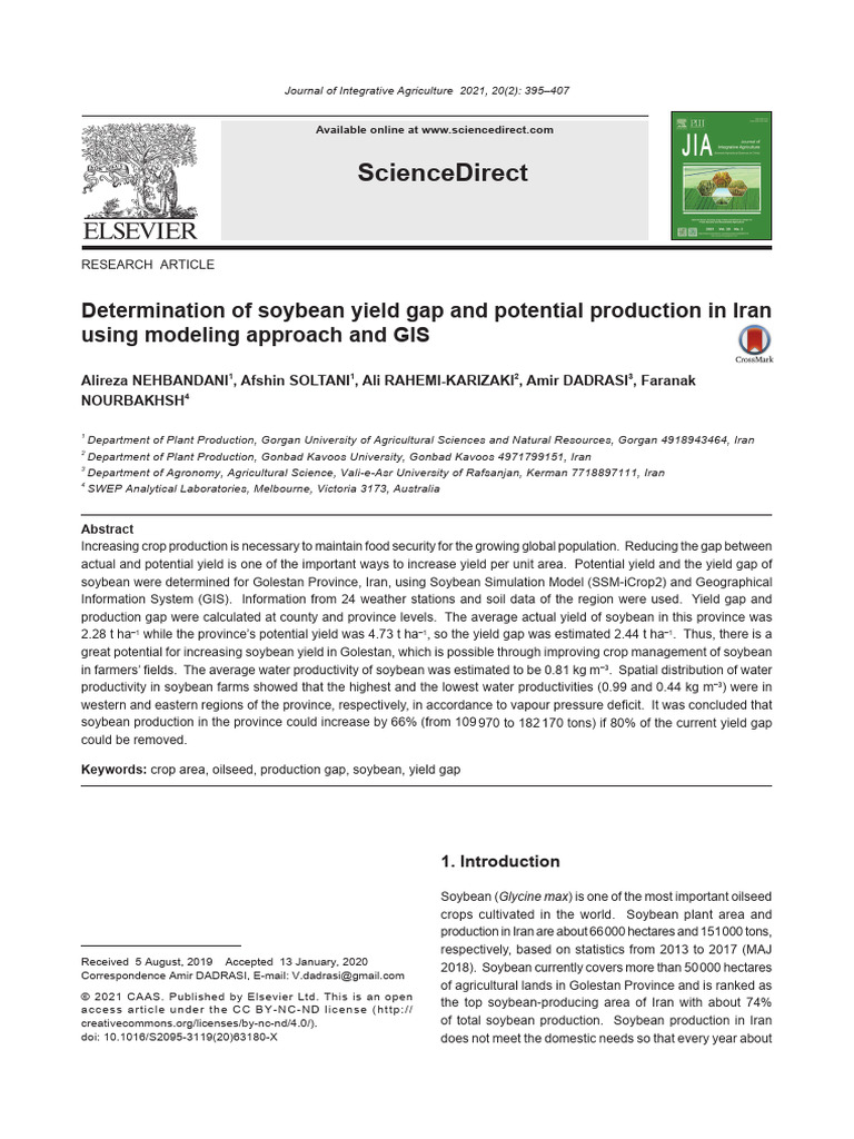 Determination of Soybean Yield Gap and Potential Production in Iran Using Modeling Approach and ...