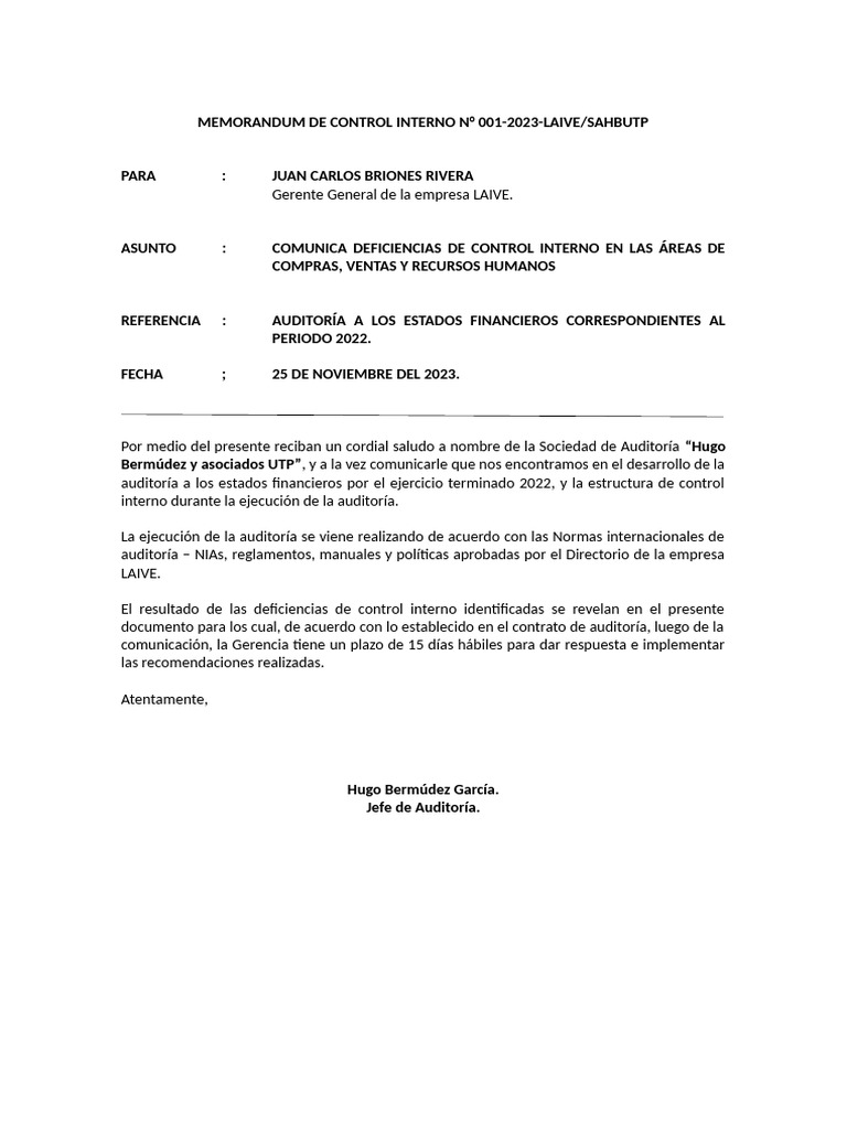 MEMO DE CONTROL INTERNO - LAIVE SAC | PDF