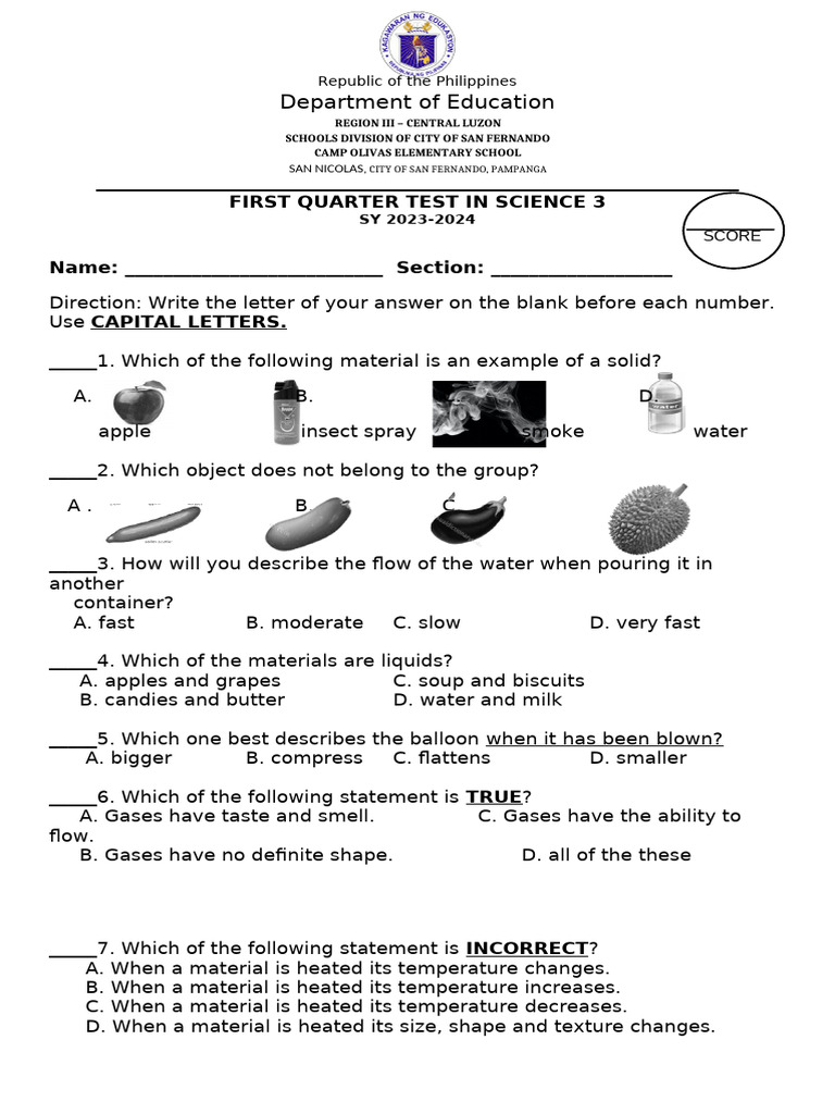 1st Periodical Test in Science 3 | PDF