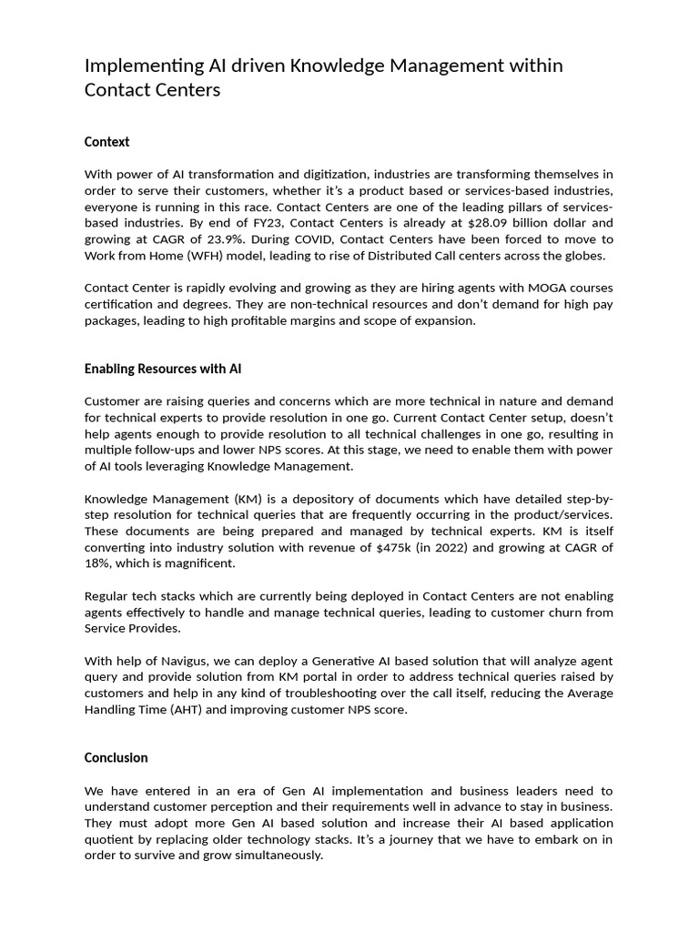Implementing AI Driven Knowledge Management Within Contact Centers | PDF