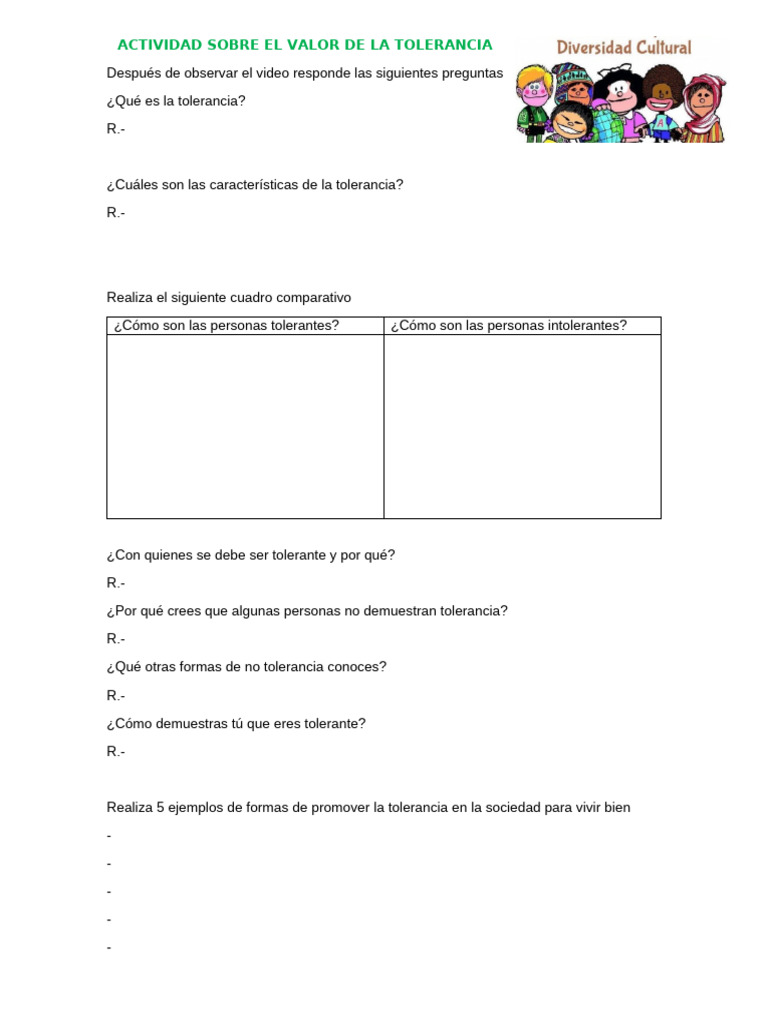 Actividad Sobre El Valor de La Tolerancia | PDF