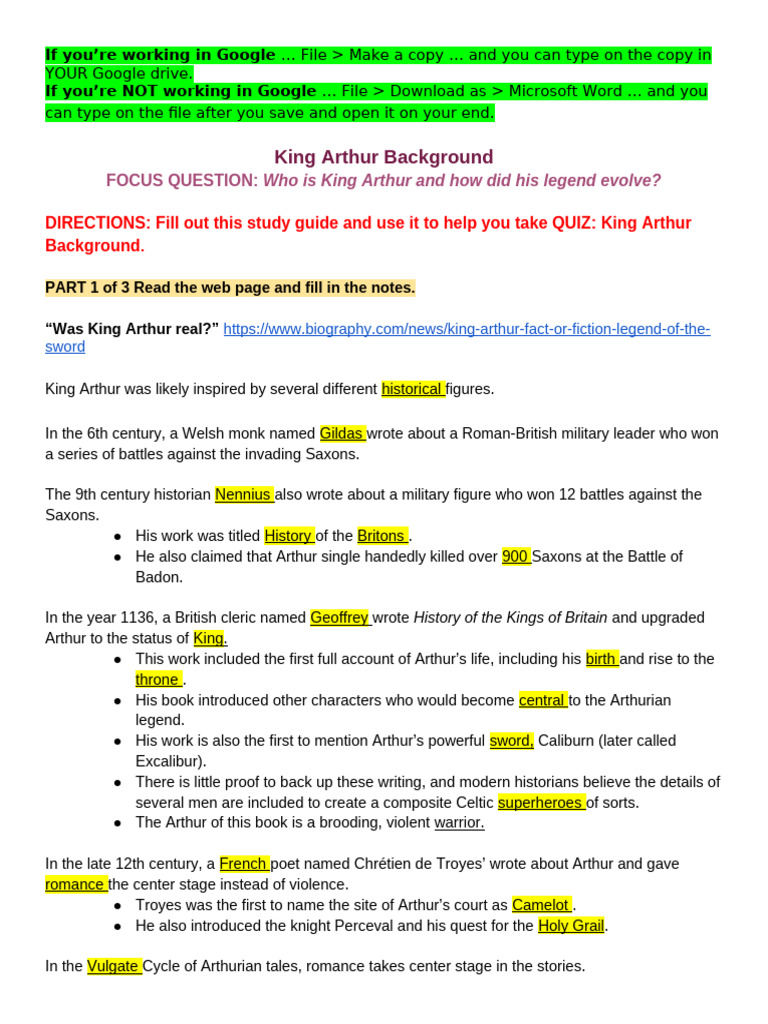 STUDY GUIDE - King Arthur Background | PDF