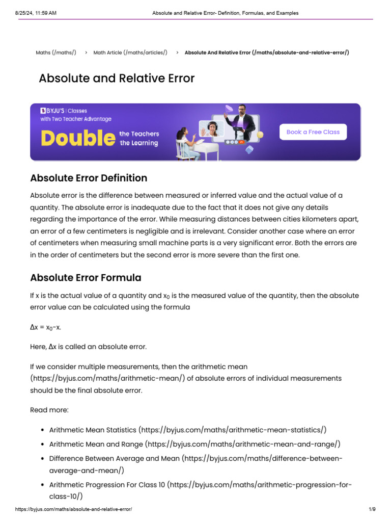 Absolute and Relative Error - Definition, Formulas, and Examples | PDF
