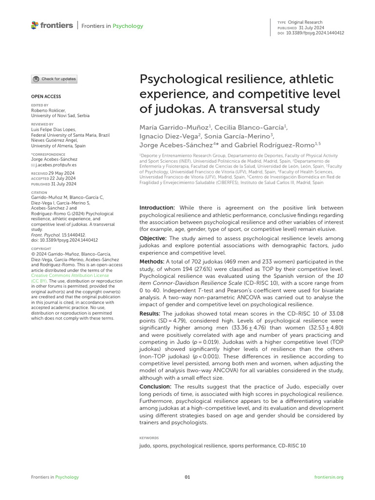 Psychological Resilience, Athletic Experience, and Competitive Level of Judokas. A Transversal ...
