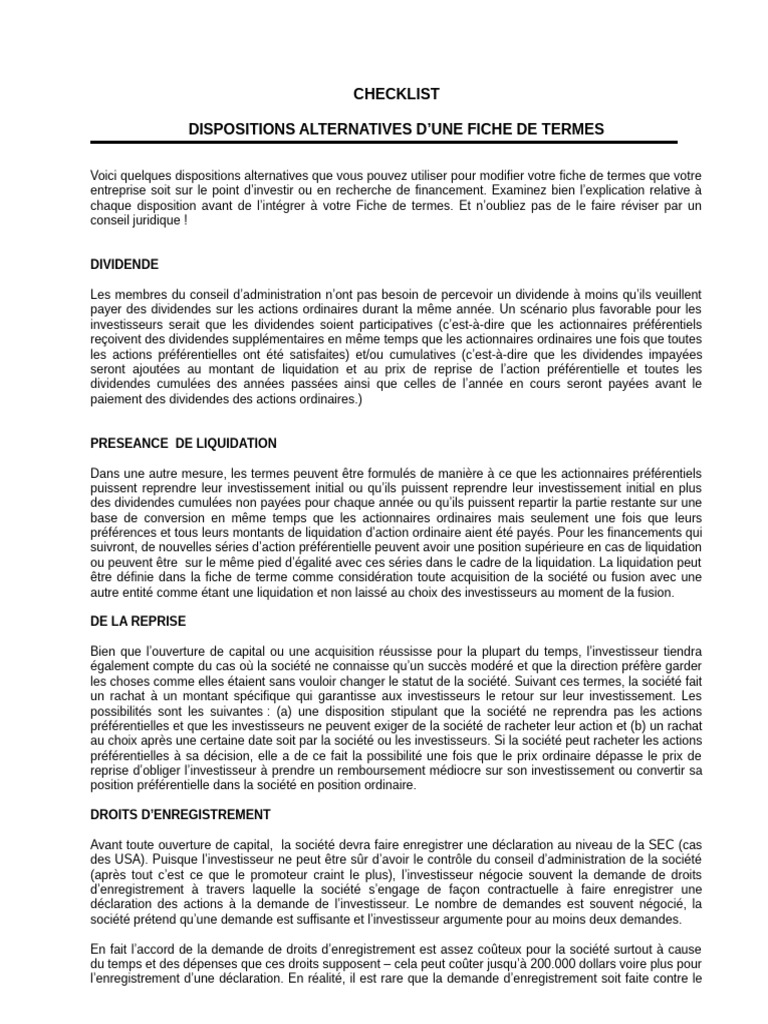 Checklist - Dispositions Alternatives Pour Conditions D'invest | PDF