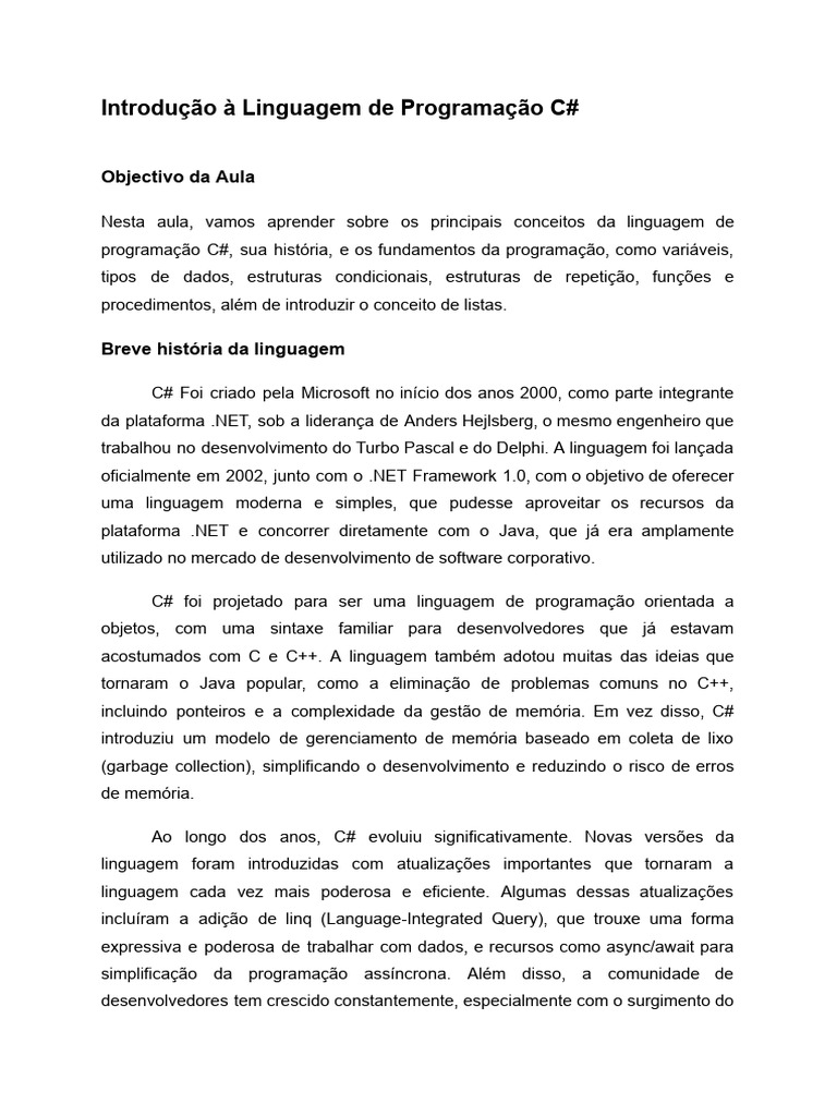 Introdução ao C#: Conceitos e Exercícios | PDF | C Sharp (linguagem de ...