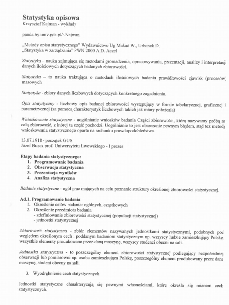 Statystyka Opisowa - Notatki Wykłady | PDF
