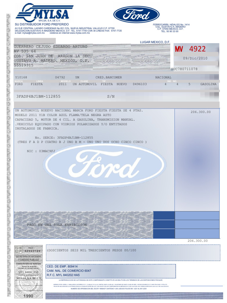 Factura Ford Fiesta 2011, Mylsa, S.A. de C.V. | PDF