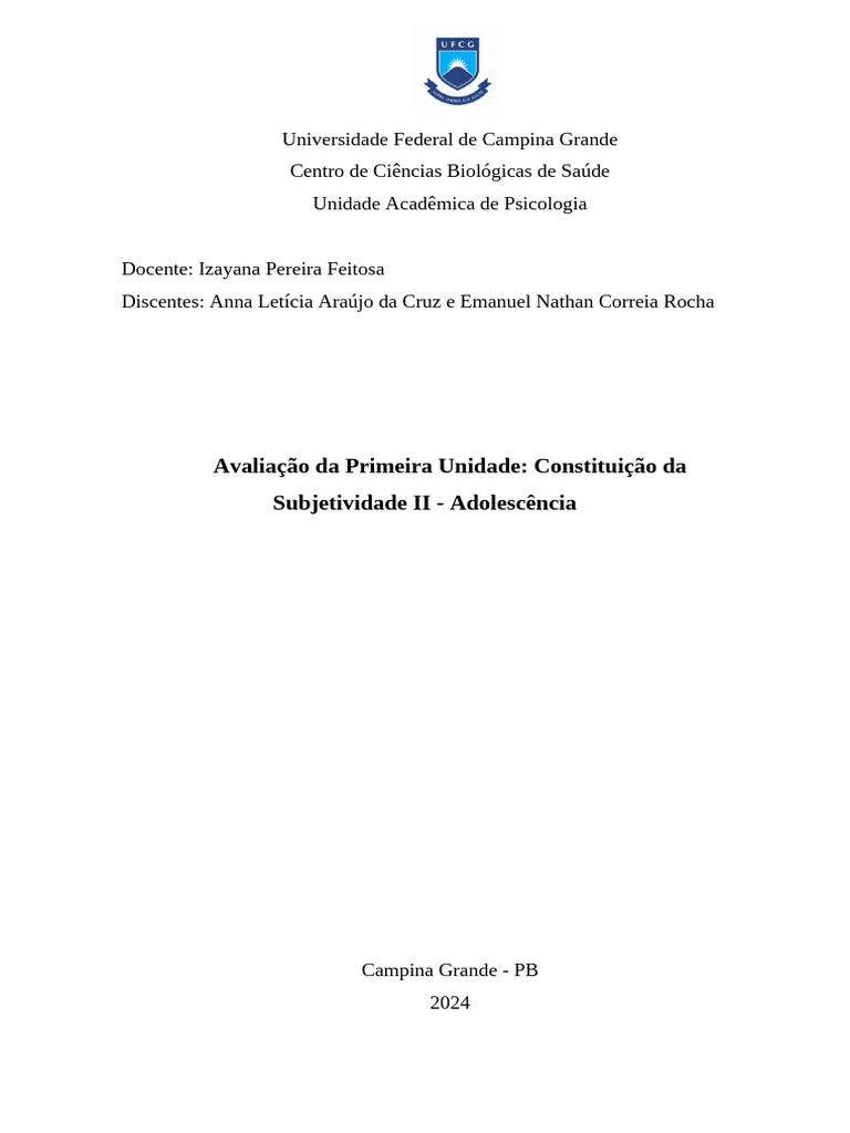 Avaliação Da Primeira Unidade - Anna Letícia e Emanuel Nathan | PDF