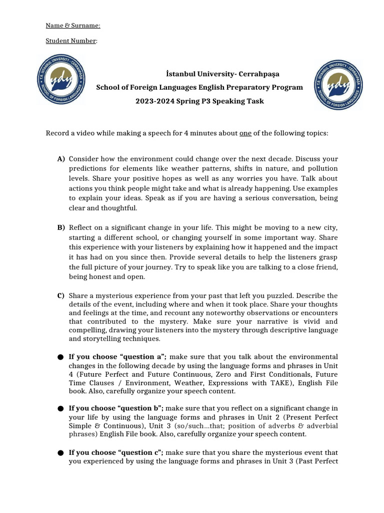 2023-2024 Spring Semester P3 Speaking Task | PDF