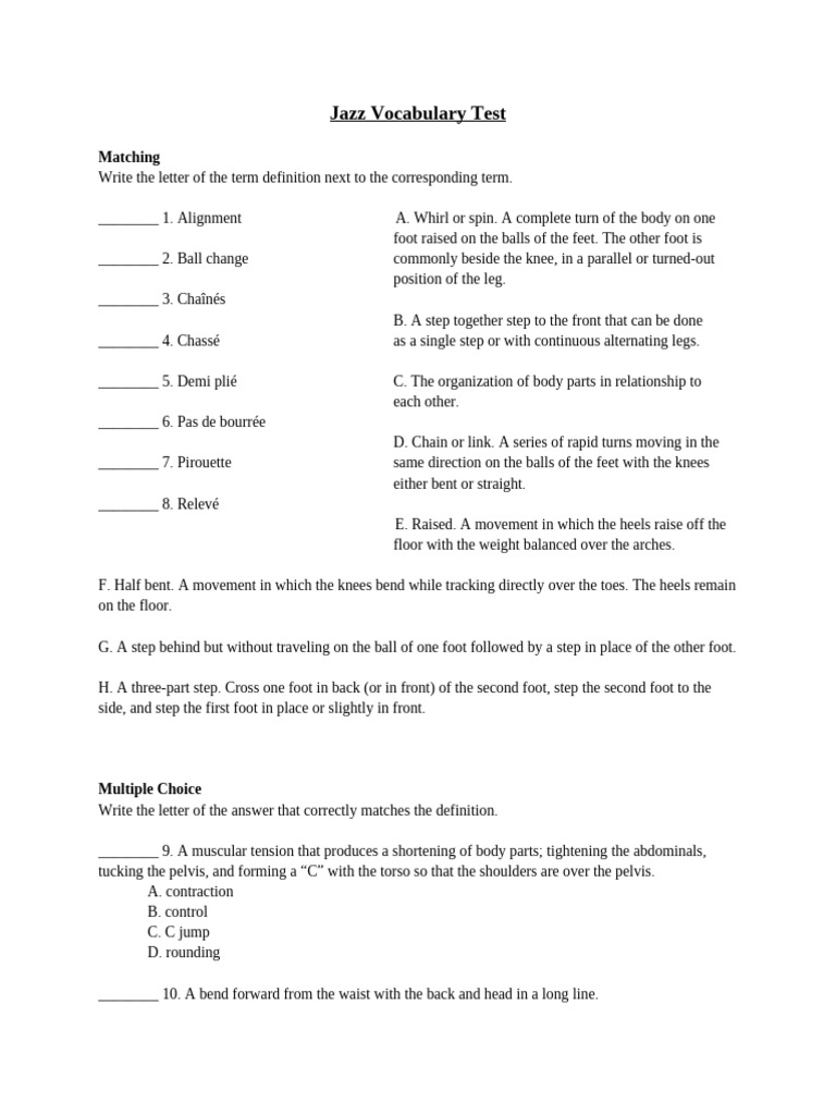 Unit 4 - Jazz (Vocabulary) Assessment - 6th Grade Dance | PDF