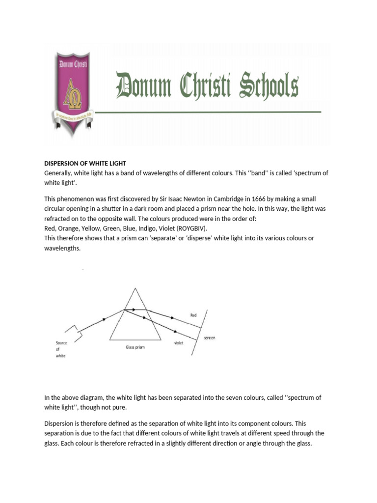 Physics Lesson Note: Dispersion of White Light | PDF