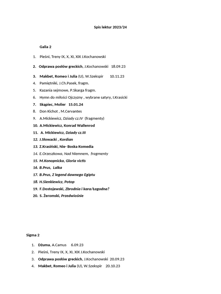 Spis Lektur 2023 | PDF