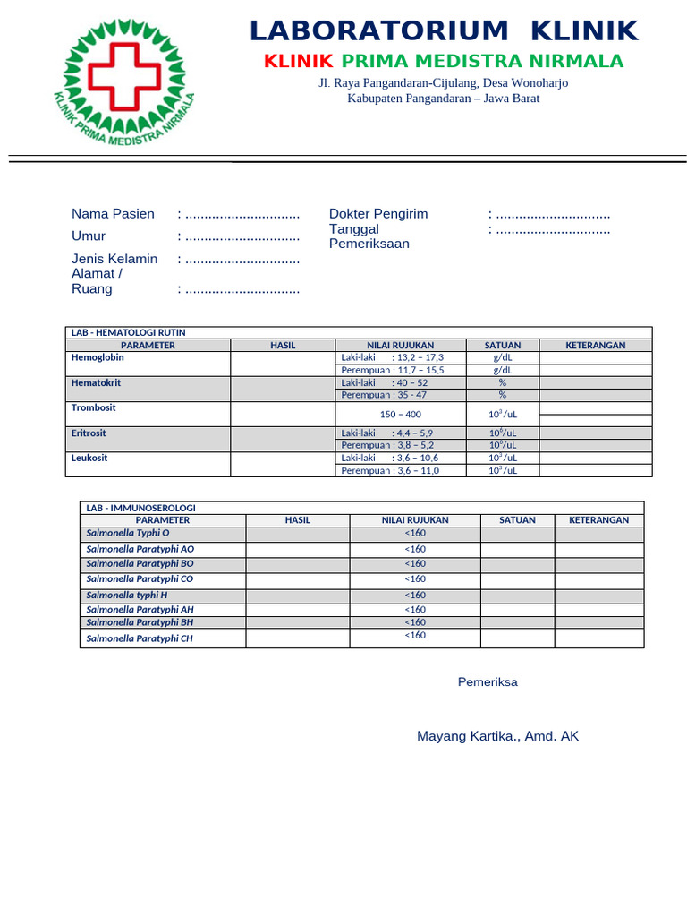 Blank Hasil DR Widal | PDF