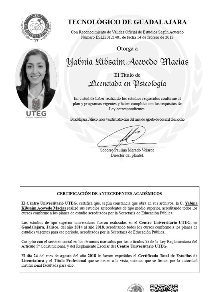 Título de Licenciada en Psicología UTEG | PDF