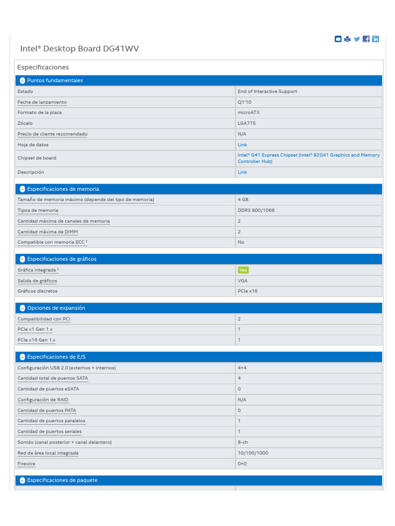 Intel® Desktop Board DG41WV-Especificaciones | PDF