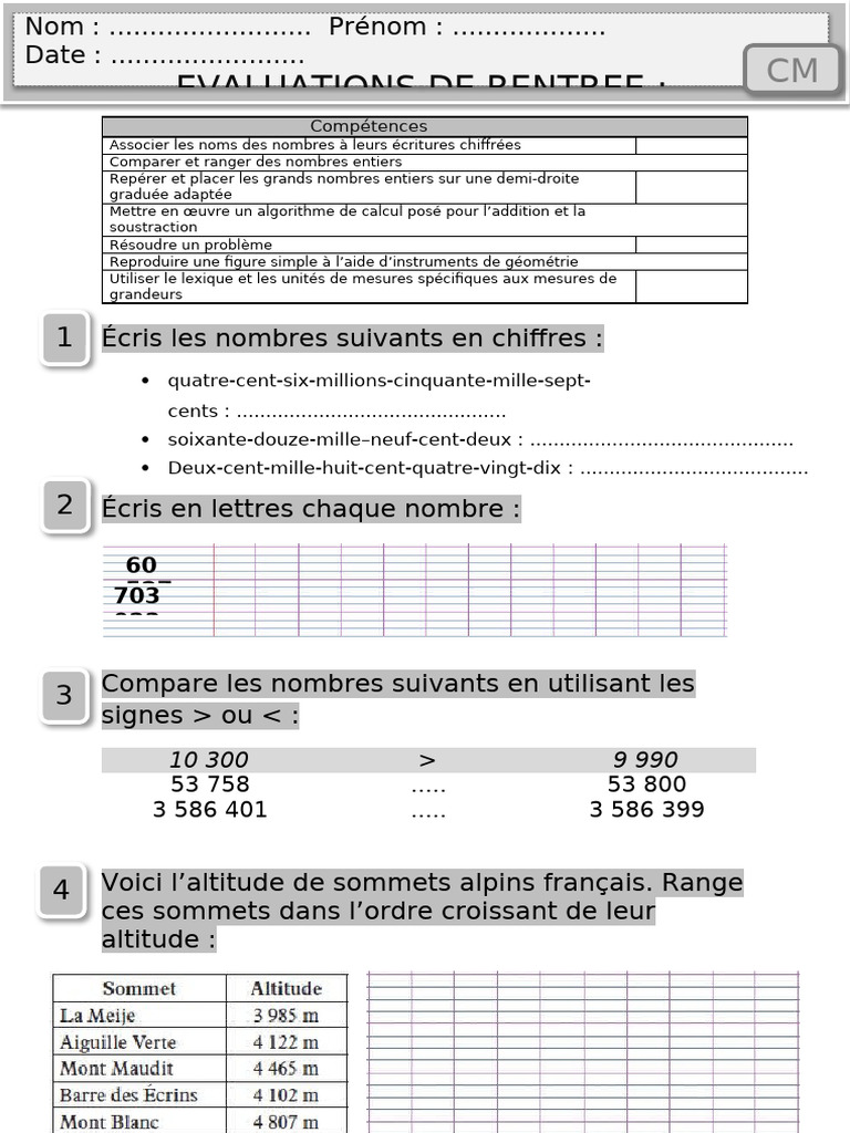 Eval Diag Maths CM2 | PDF
