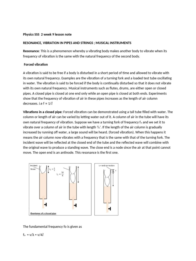 Physics SSS 2 Lesson Note: VIBRATION IN PIPES AND STRINGS MUSICAL INSTRUMENTS | PDF