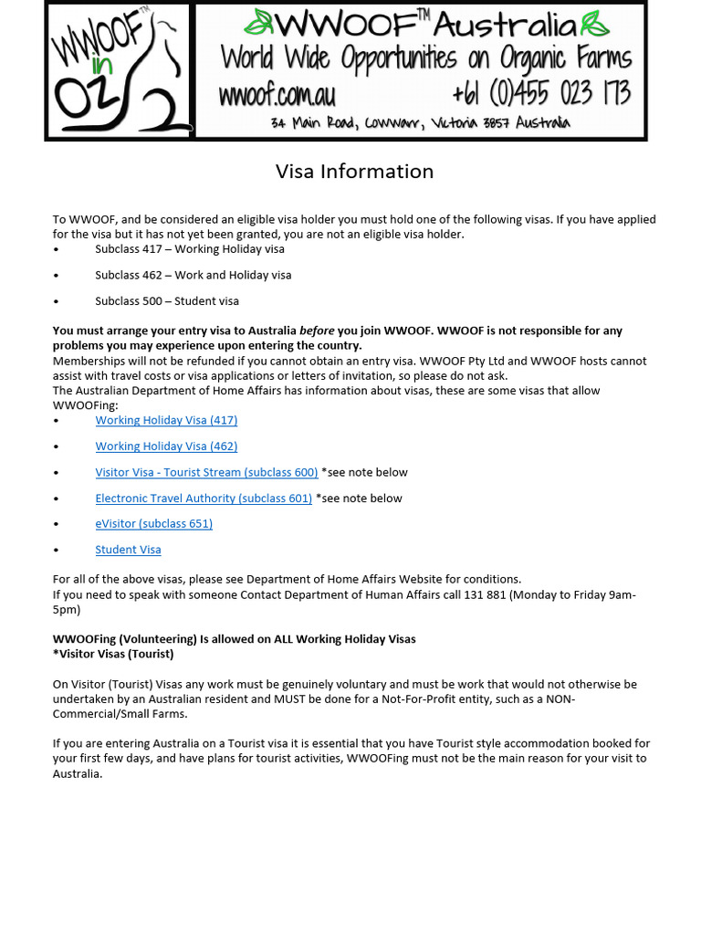 WWOOFer Visa Information | PDF