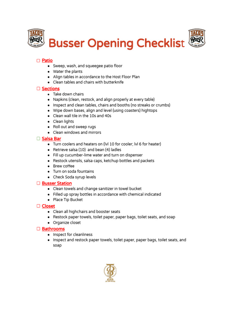 Busser Opening Checklist | PDF | Hygiene