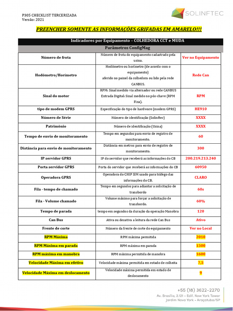 Config Mag Parametros de Operação - Colheita CCT e Muda - 112648 | PDF