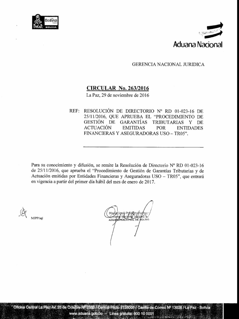 Circular 263-2016 Boletas de Garantia A Primer Requerimiento Aduana | PDF