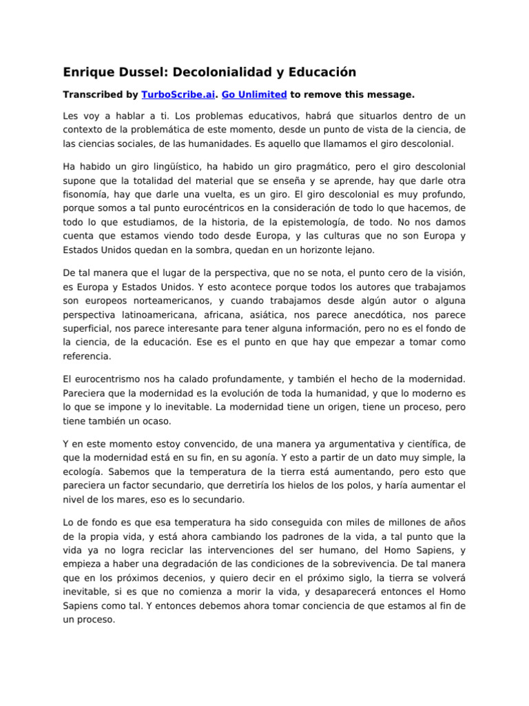 Enrique Dussel - Decolonialidad y Educación | PDF