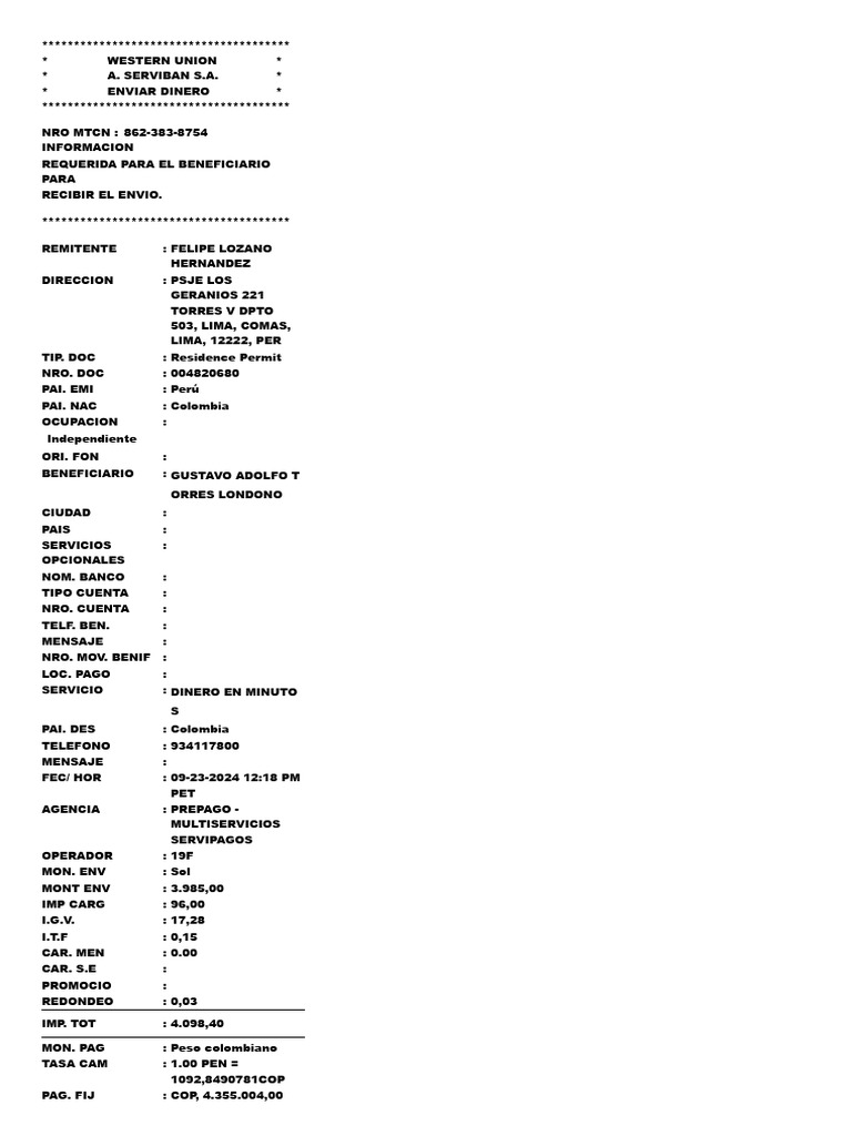Recibo Wupos (Punto de Venta de Western Union) 1 | PDF