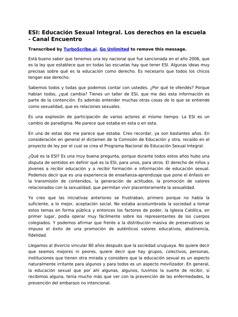 ESI - Educación Sexual Integral. Los Derechos en La Escuela - Canal Encuentro | PDF