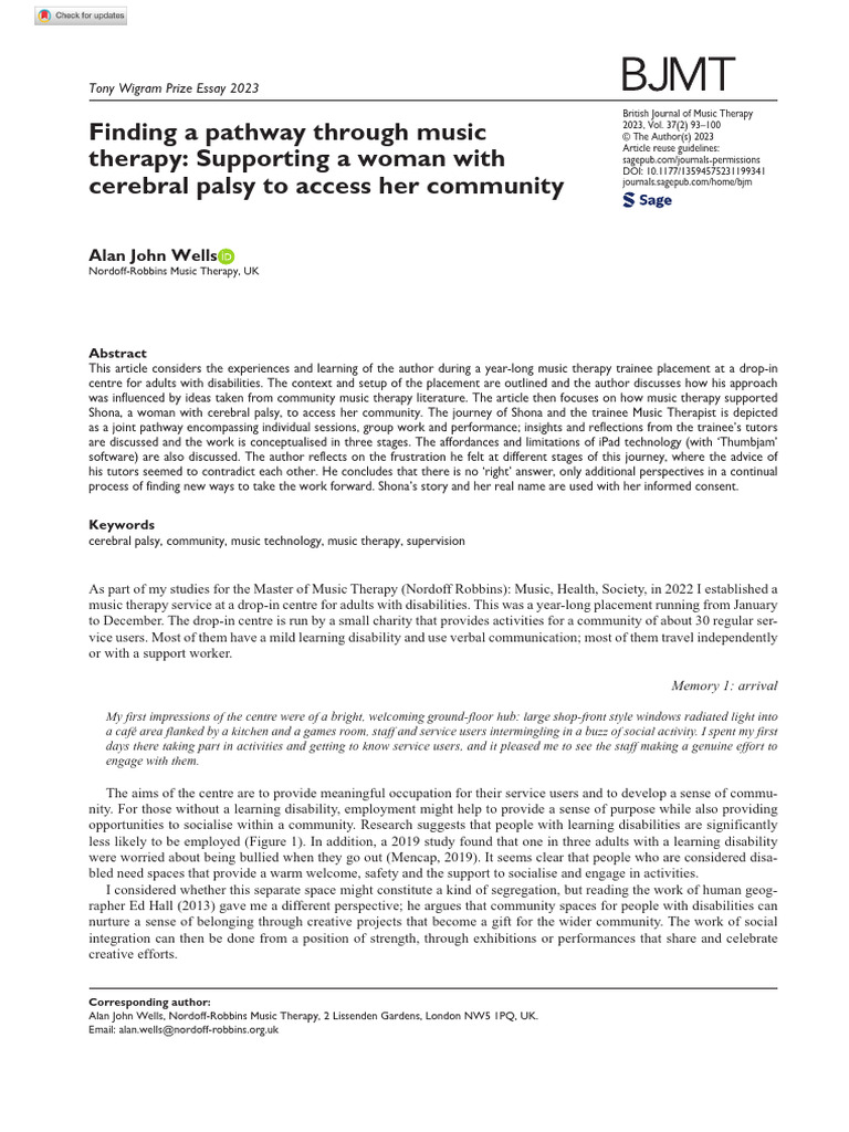 Wells 2023 Finding A Pathway Through Music Therapy Supporting A Woman ...