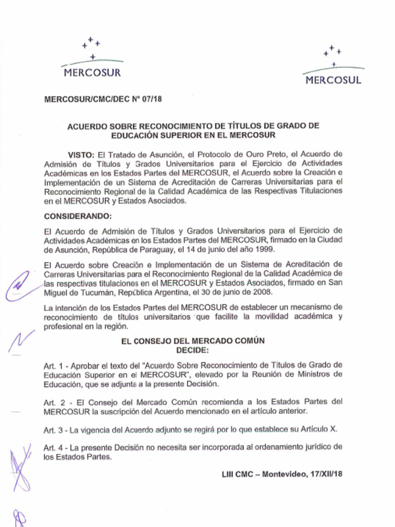 Mercosur Acuerdo Reconocimiento Títulos Grado Educ Sup | PDF