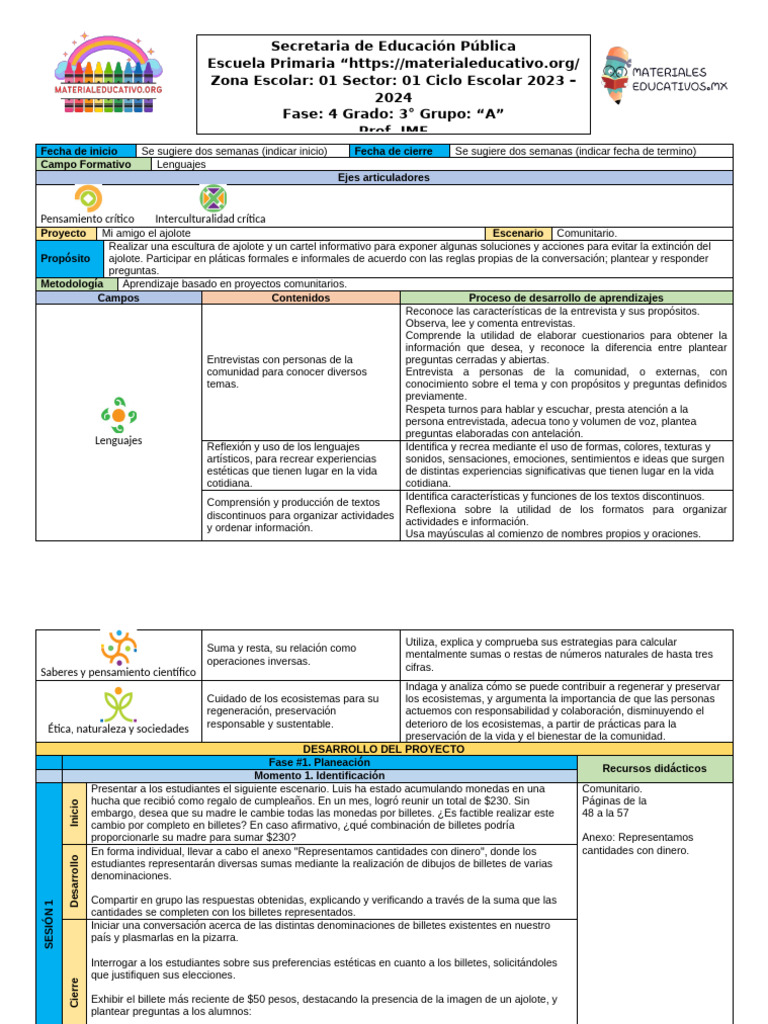 Planeación 3ergrado Proyecto Mi Amigo El Ajolote | PDF
