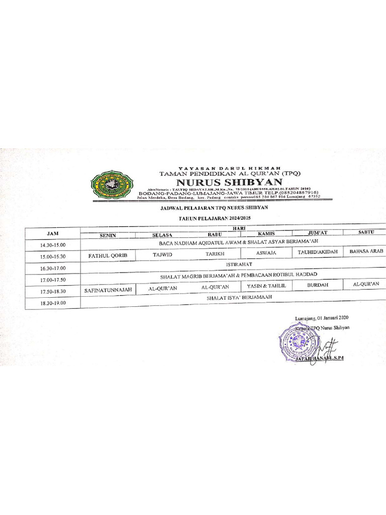 Jadwal Pembelajaran TPQ | PDF