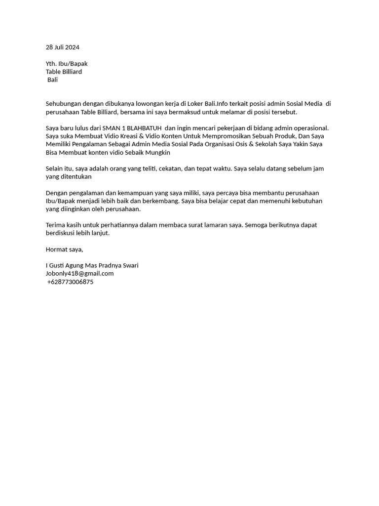 Cover Letter Salinan Salinan | PDF