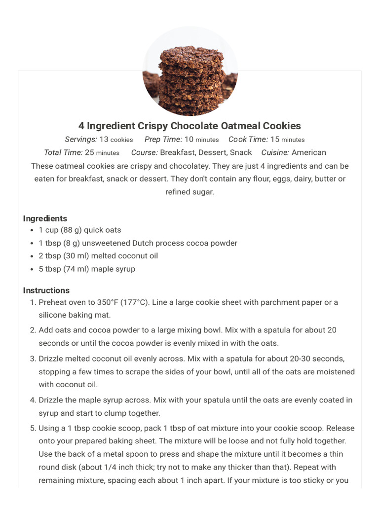 4 Ingredient Crispy Chocolate Oatmeal Cookies Kirbie S Cravings Pdf