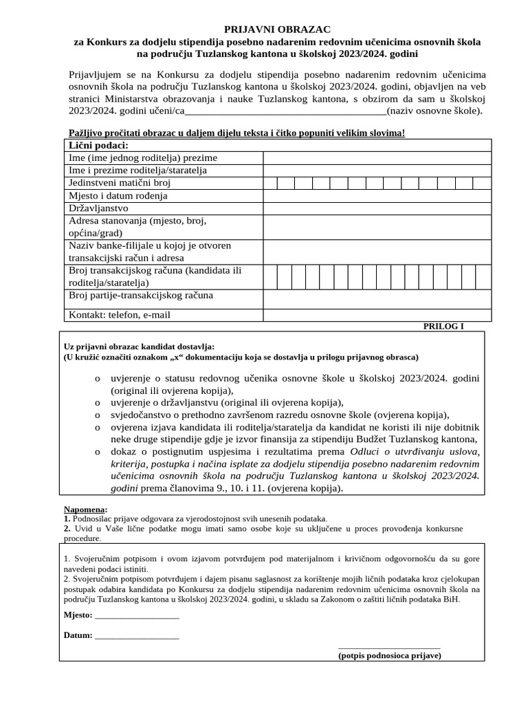 Prijavni Obrazac Osnovno 1 | PDF