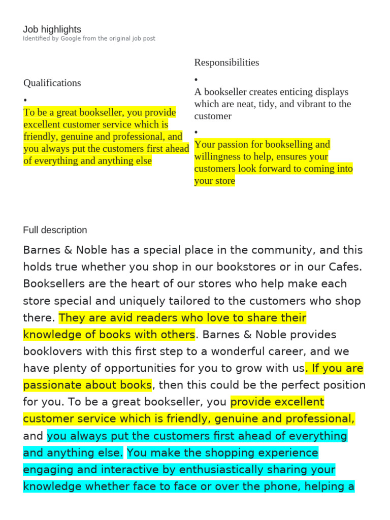 Job Highlights Barnes and Noble | PDF | Barnes & Noble | Bookselling