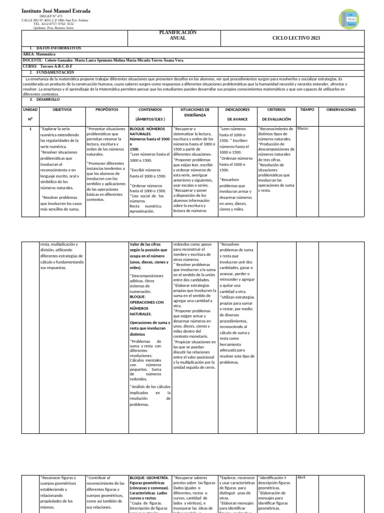 PLANIFICACIÓN MATE.2023 Tercero | PDF